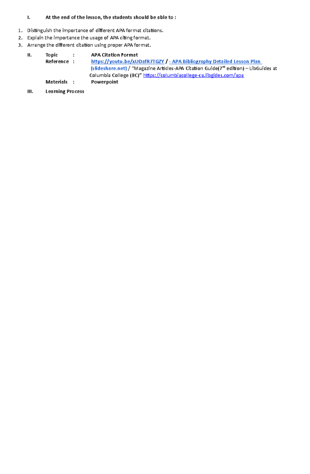 APA lesson plan for Grade 8 students or High school - I. At the end of ...