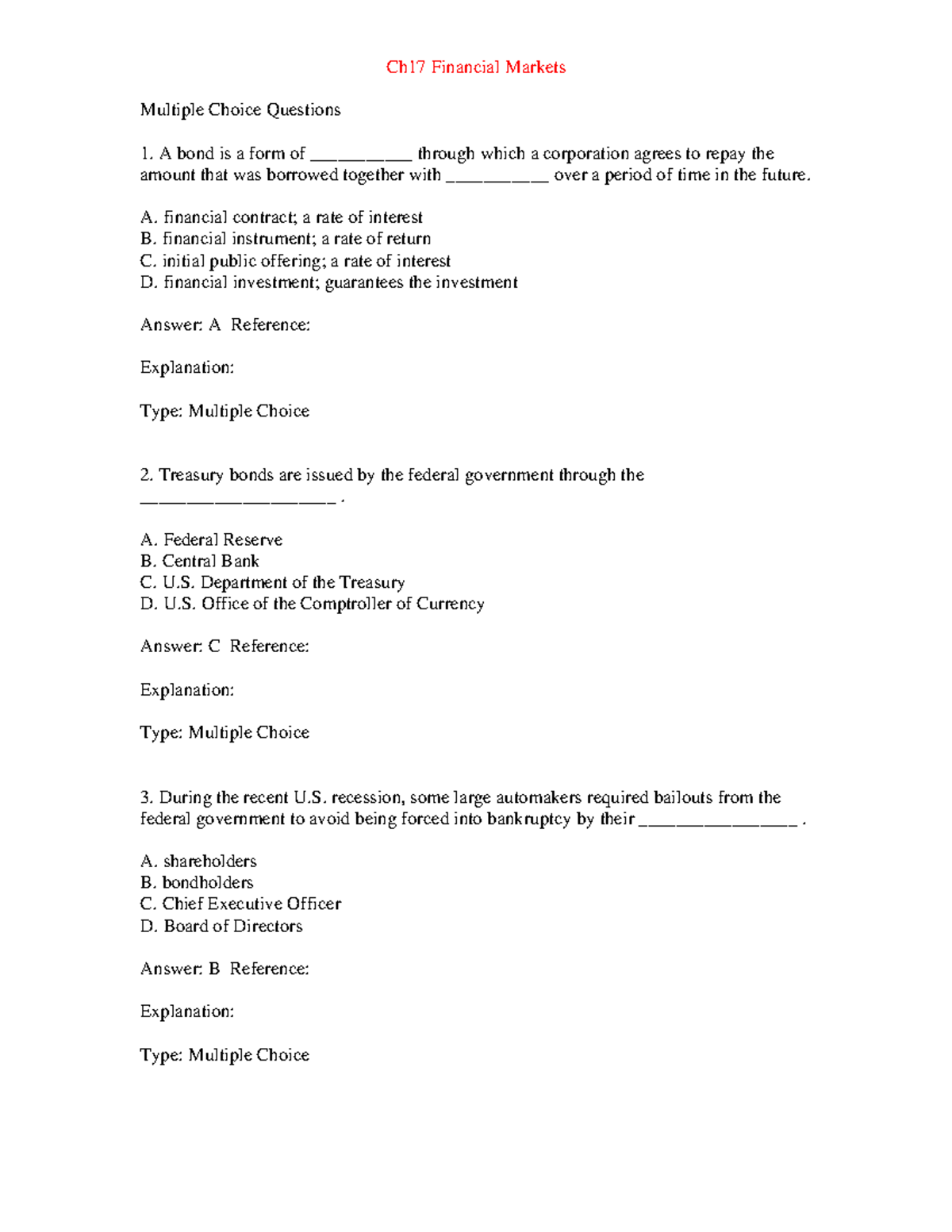 Ch17 Financial Markets - Ch17 Financial Markets Multiple Choice ...