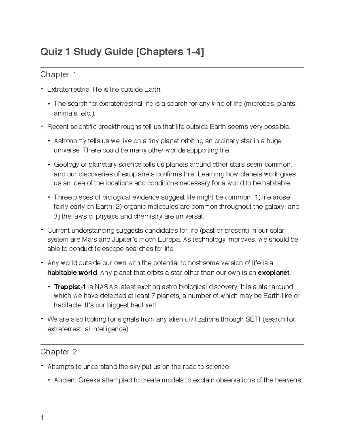 Quiz 1 Study Guide - Quiz 1 Study Guide Chapter 1 Extraterrestrial life ...