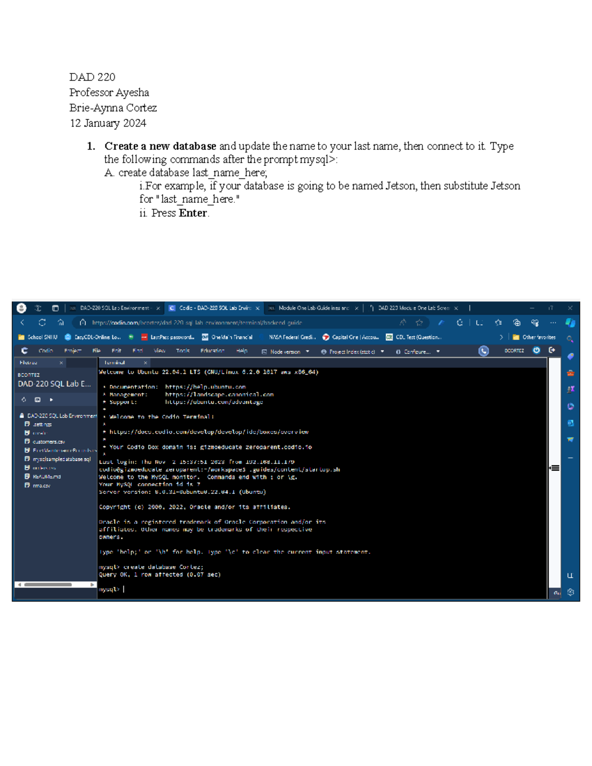 DAD 220 Module One Lab - DAD 220 Professor Ayesha Brie-Aynna Cortez 12 January 2024 1. Create a ...