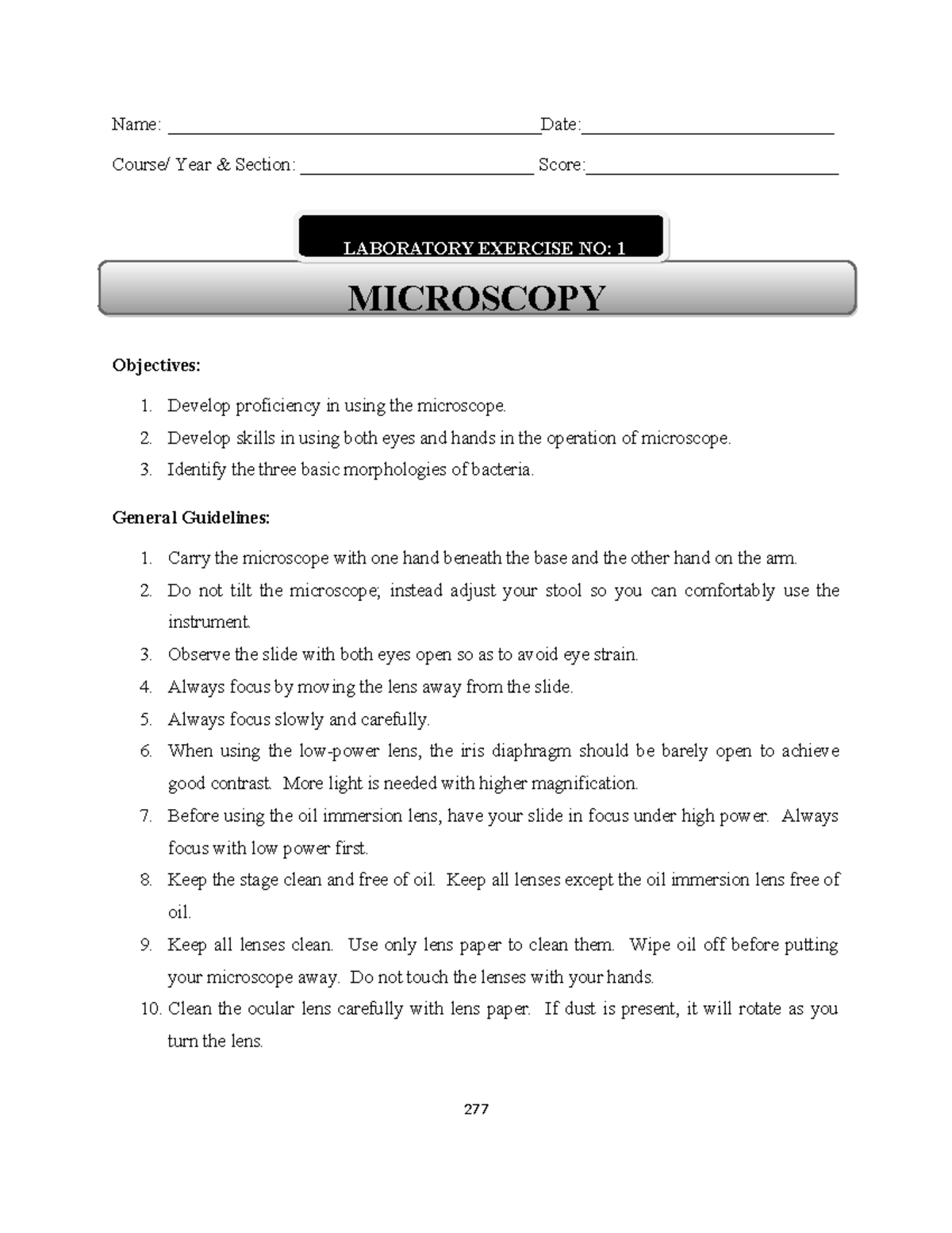 Experiment No. 1 Microscopy - Name: _____________Date: Course/ Year & Section: - Studocu
