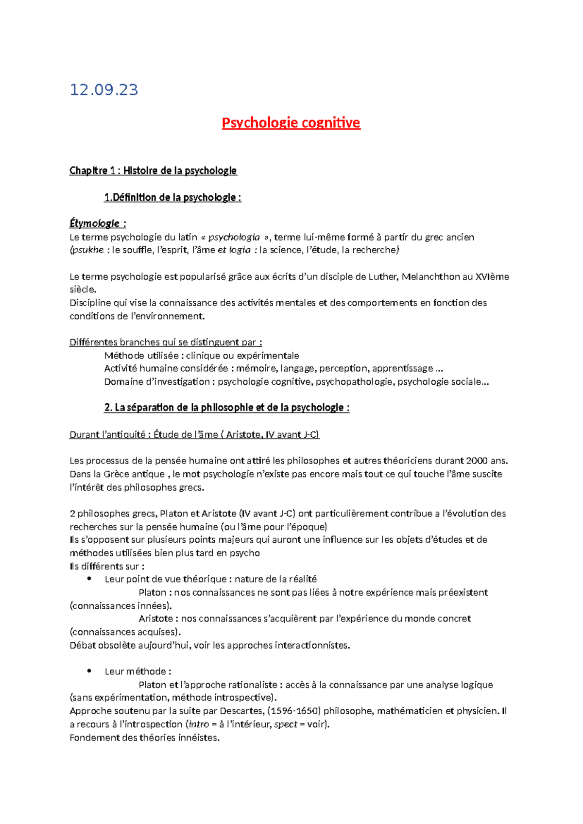 CM1 - Cours 1 - 12. Psychologie cognitive Chapitre 1 : Histoire de la ...