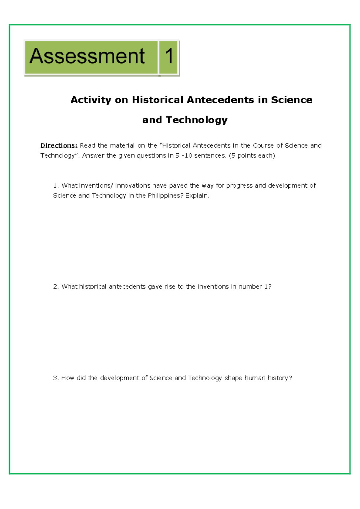 STS Assessment 1 Historical Antecedents - Activity on Historical ...