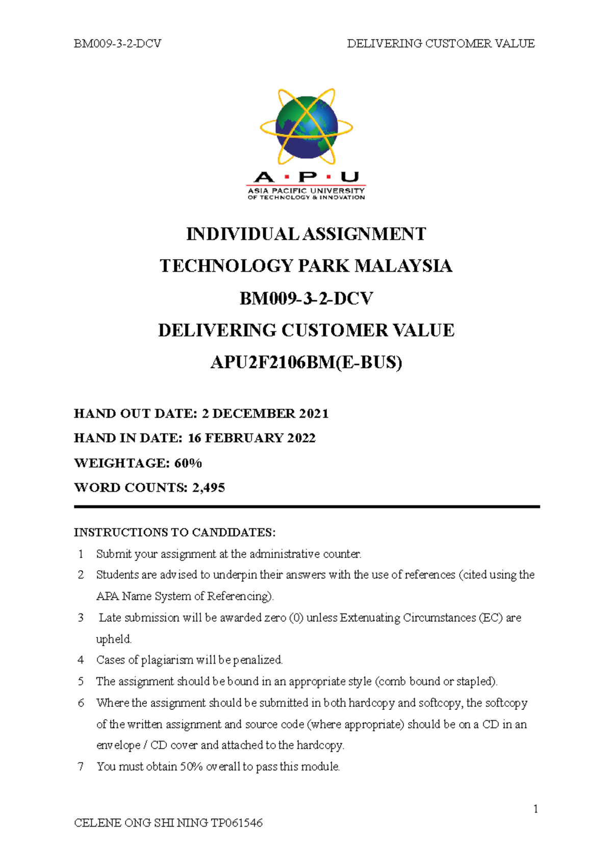 DCV Individual Assignment - INDIVIDUAL ASSIGNMENT TECHNOLOGY PARK MALAYSIA BM009-3-2-DCV ...