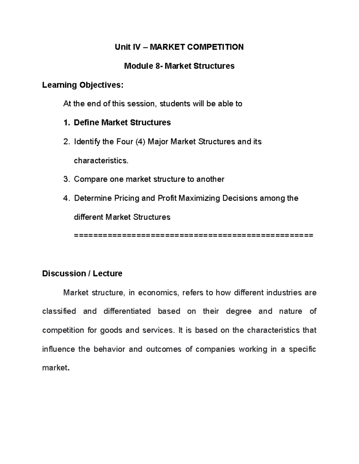Unit IV – Market Competition - Module 8 Markert Structures - Unit IV ...