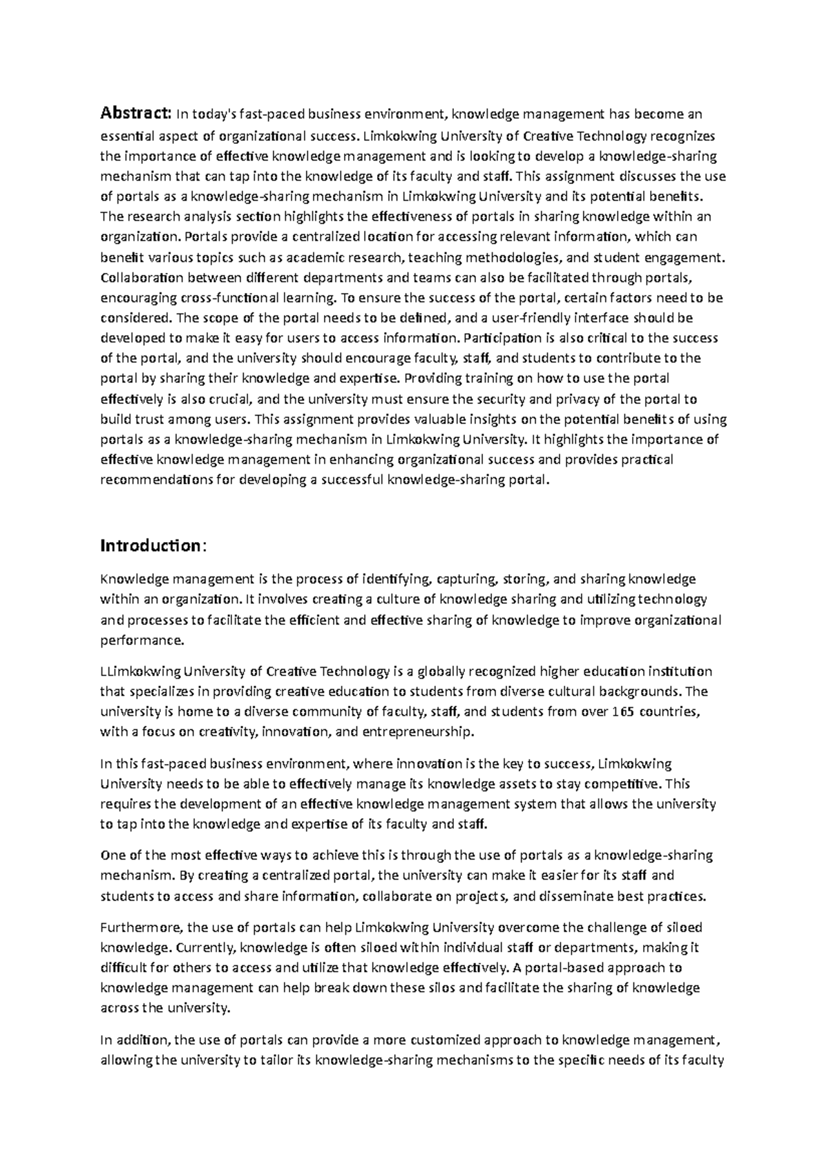 Knowledge management assignment - Abstract: In today's fast-paced ...