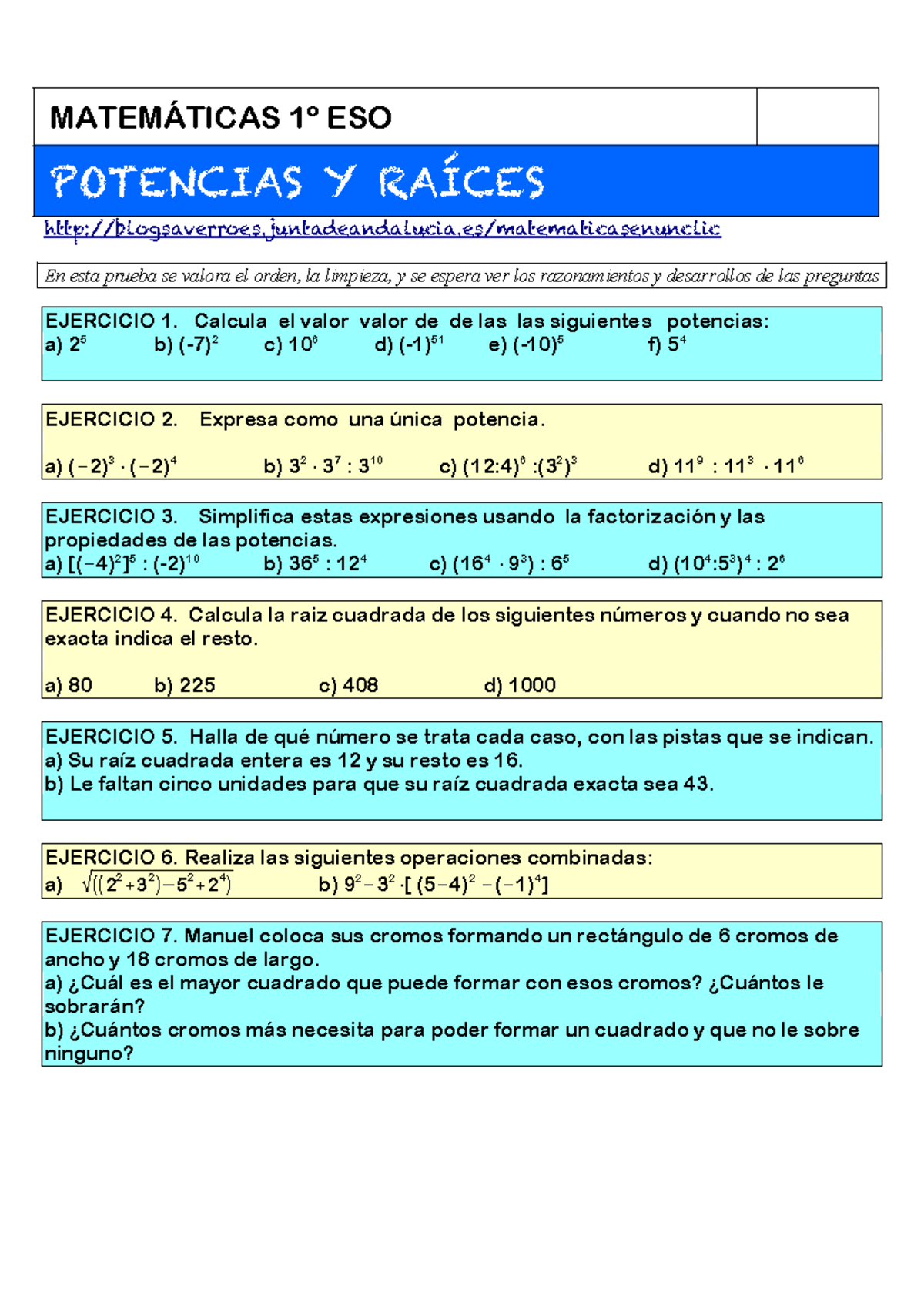 Examen-UD03- Numeros- Potencias-Y- Raices-1ESO - MATEMÁTICAS 1º ESO POTENCIAS Y RAÍCES - Studocu