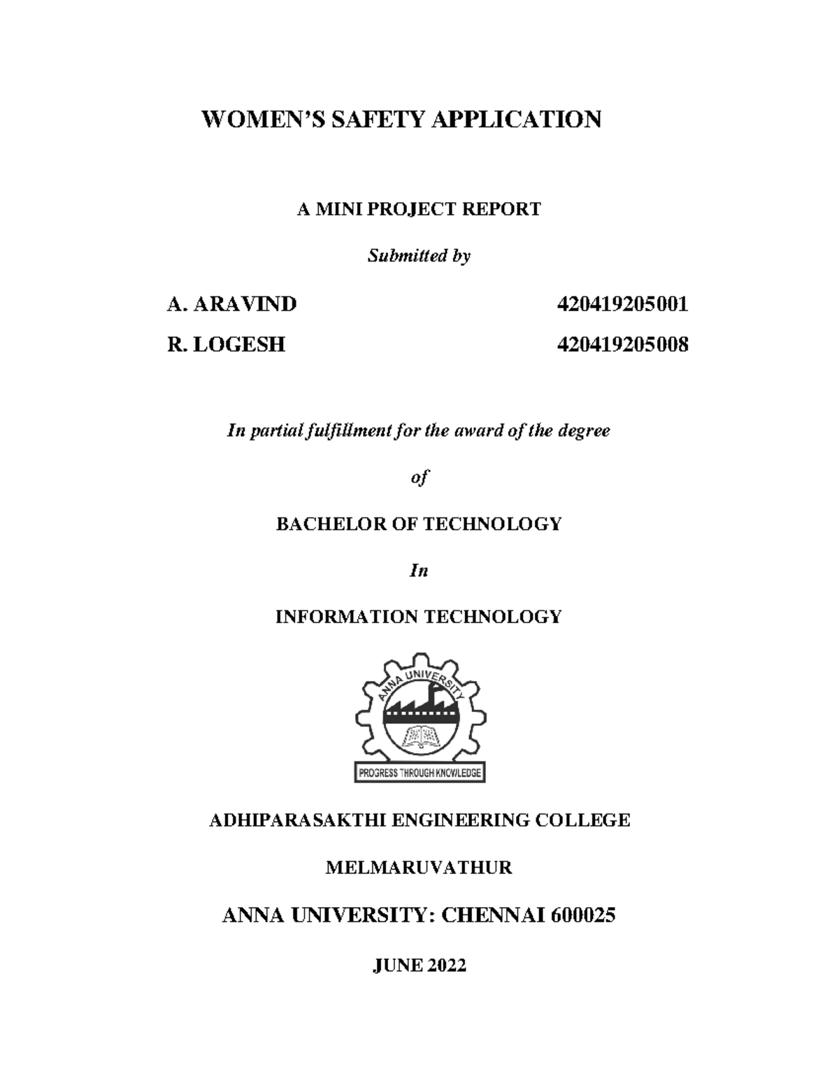 WSA Report - Summary chemical reaction engineering - WOMEN’S SAFETY APPLICATION A MINI PROJECT ...