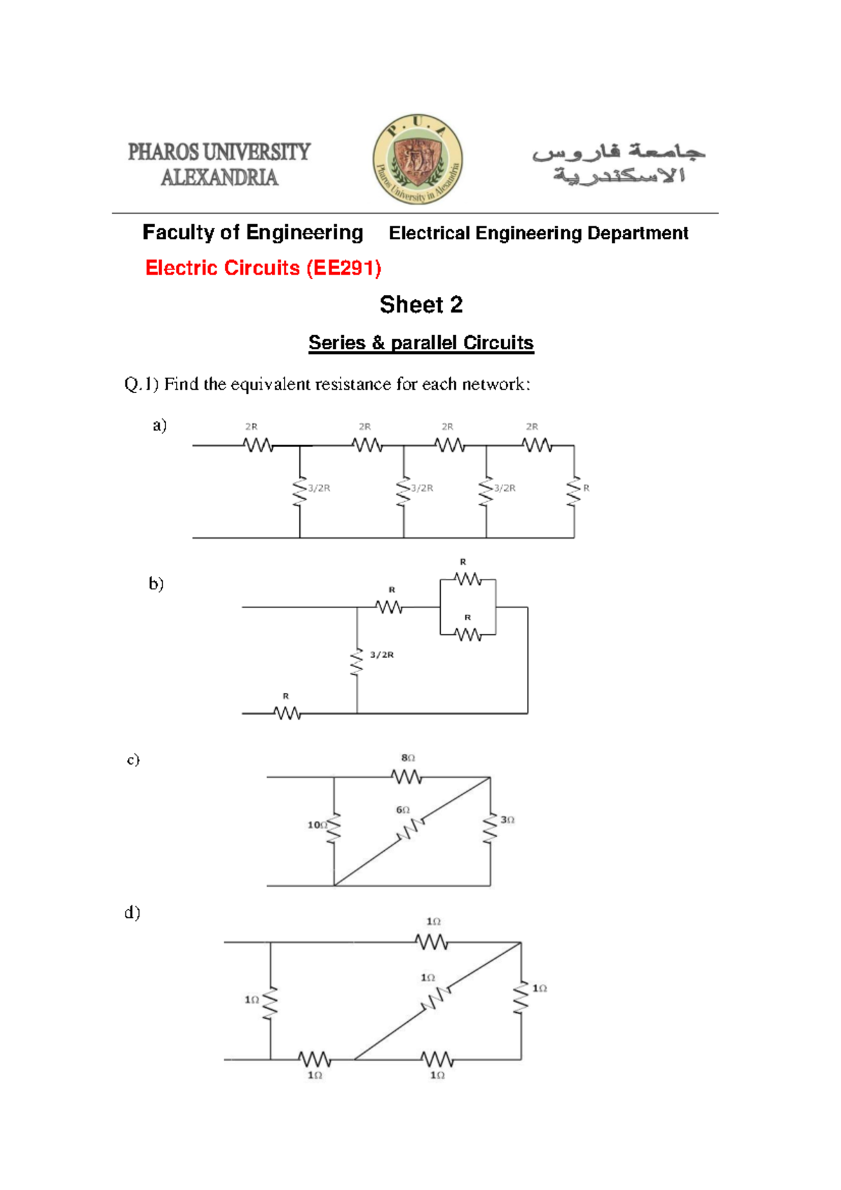 EE291 Sheet 2 - Faculty of Engineering Electrical Engineering ...