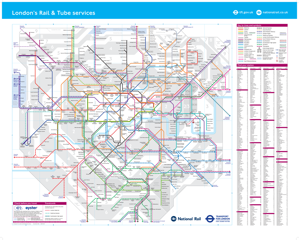 London rail and tube services map - A Abbey Road G Abbey Wood H Acton ...
