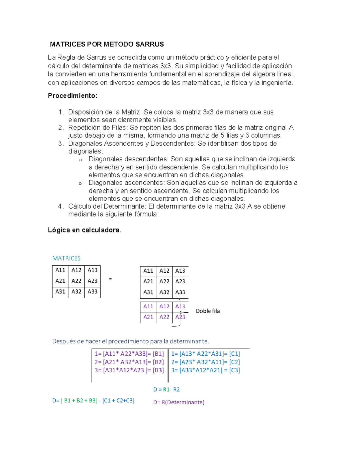 Matrices POR Metodo Sarrus - MATRICES POR METODO SARRUS La Regla de ...
