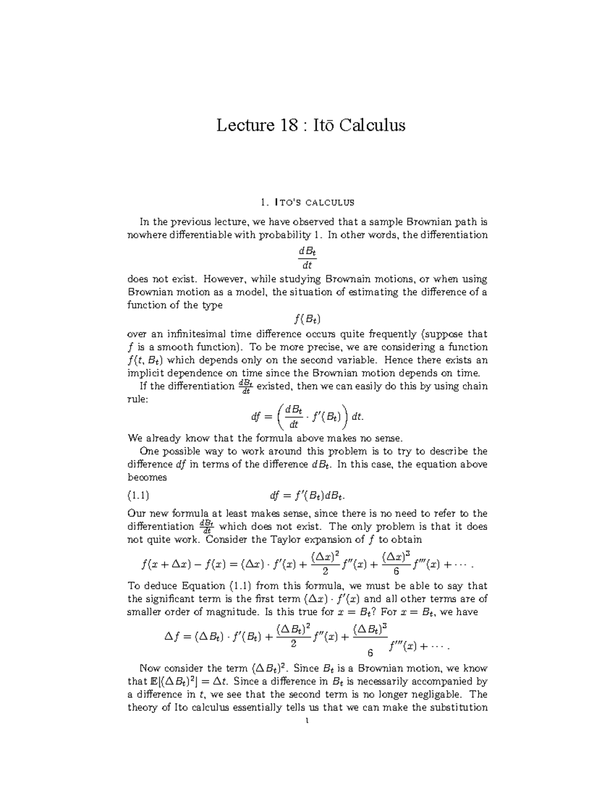 Lec15 - scscsscscascsacasc - Ito’s calculus In the previous lecture, we ...