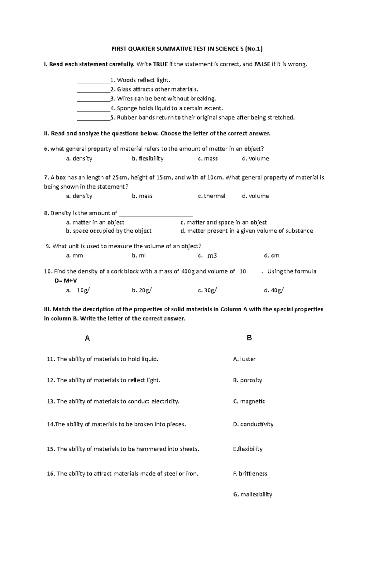 Summative test Science 5. Chapter 1 - FIRST QUARTER SUMMATIVE TEST IN ...