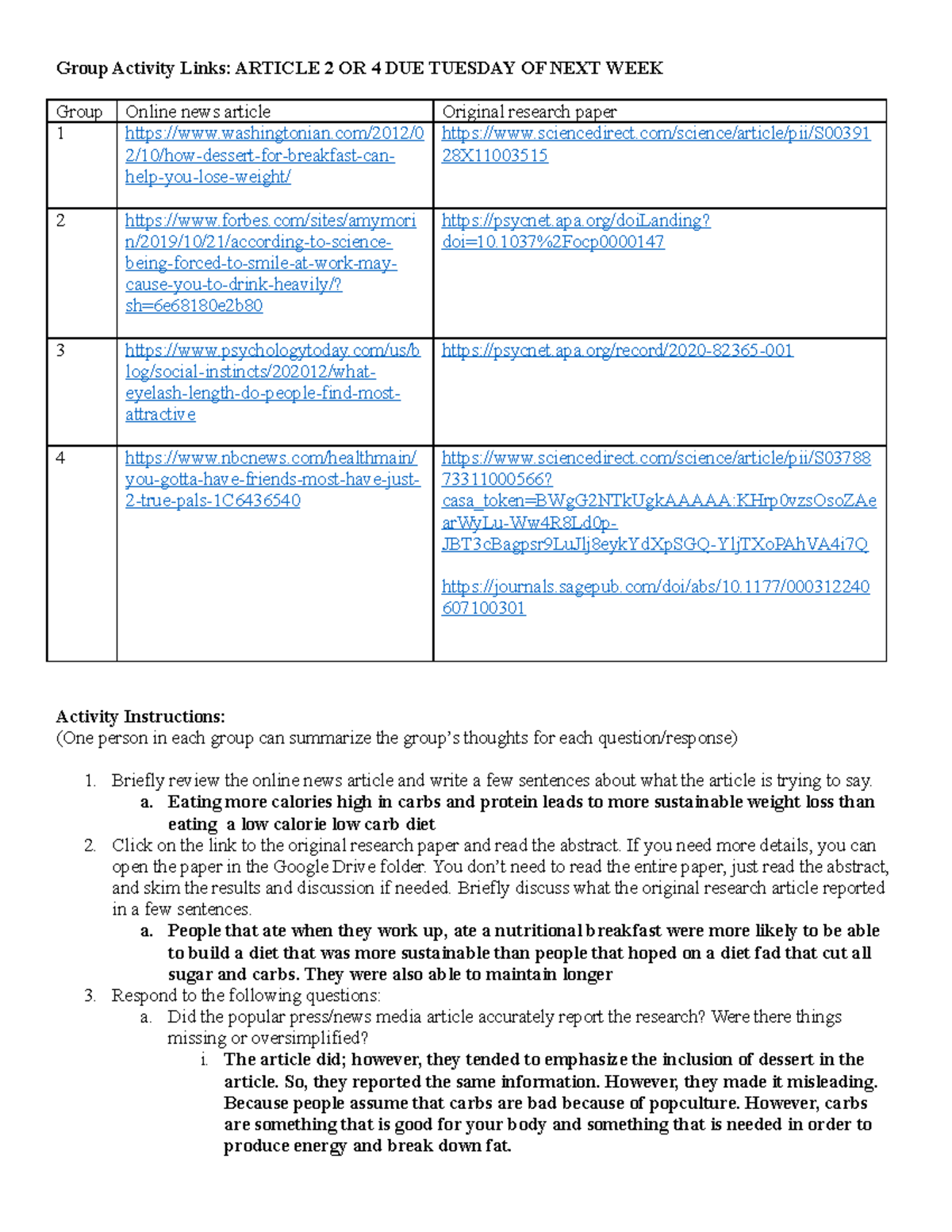 Activity 2, claims and reading - Group Activity Links: ARTICLE 2 OR 4 ...