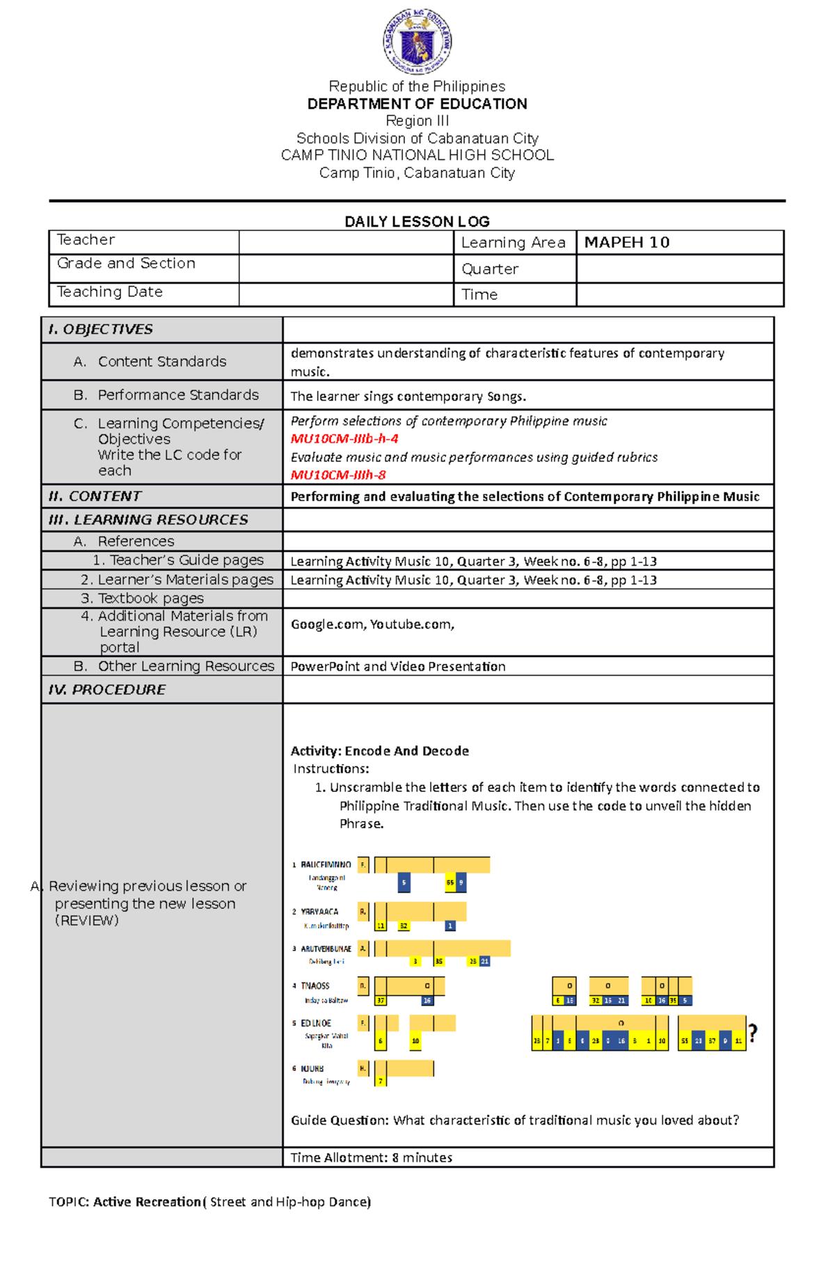 DLL-MU10Q3W5-8 - Semi detailed lesson plan in Arts - Republic of the ...