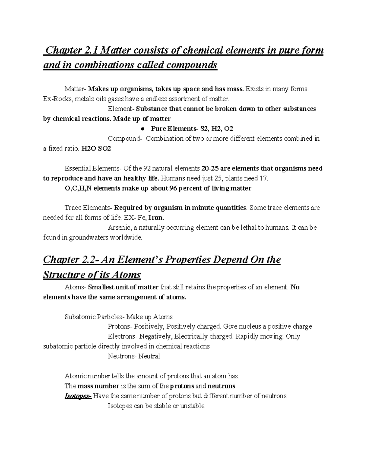 BIO 202 Midterm 1 Lectures 1-6 with Txtbk Notes - Chapter 2 Matter ...