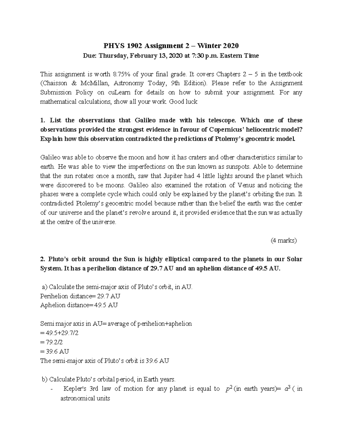 PHYS 1902 Assignment 2 – Winter 2020 - PHYS 1902 Assignment 2 Winter ...