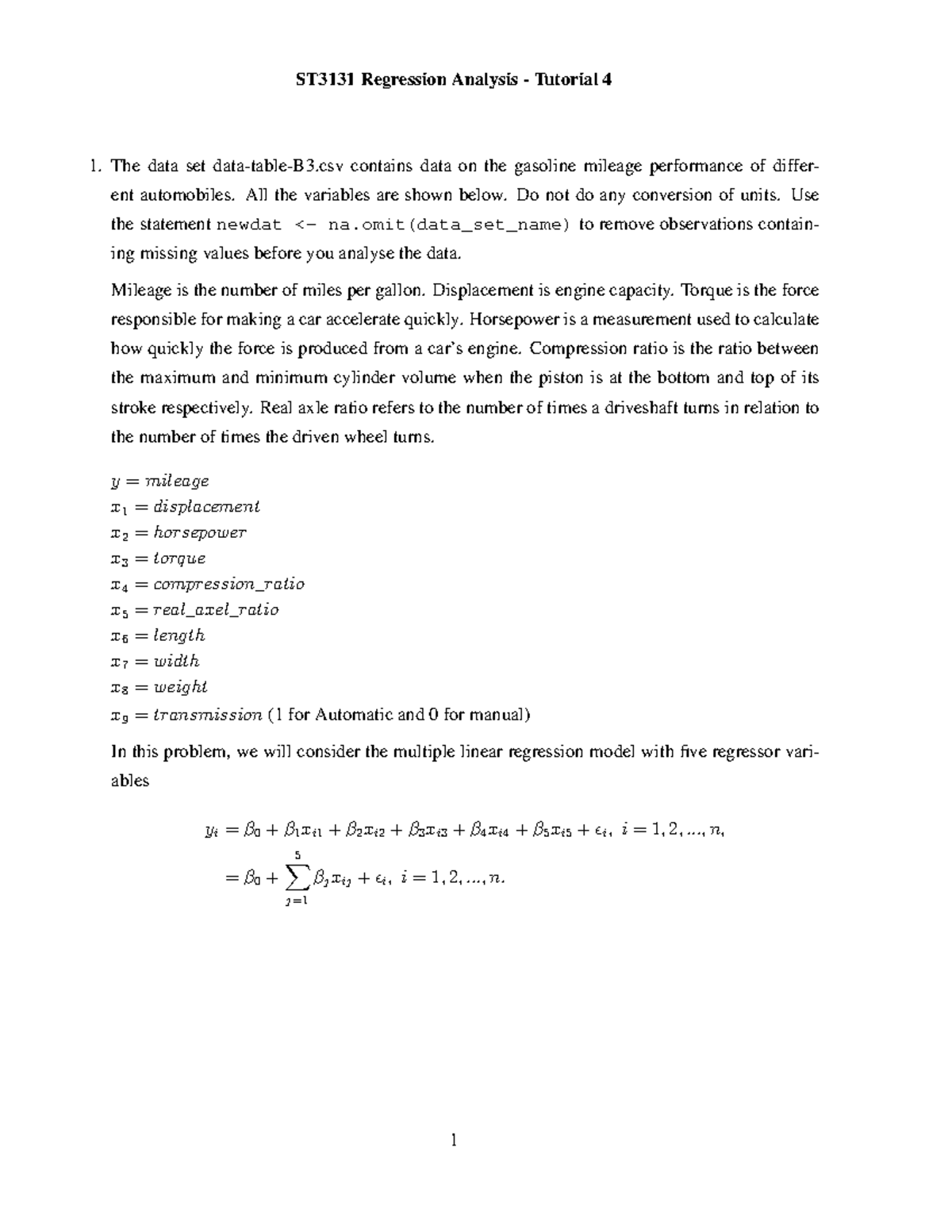 Tutorial 4 - ... - ST3131 Regression Analysis - Tutorial 4 The data set data-table-B3 contains ...