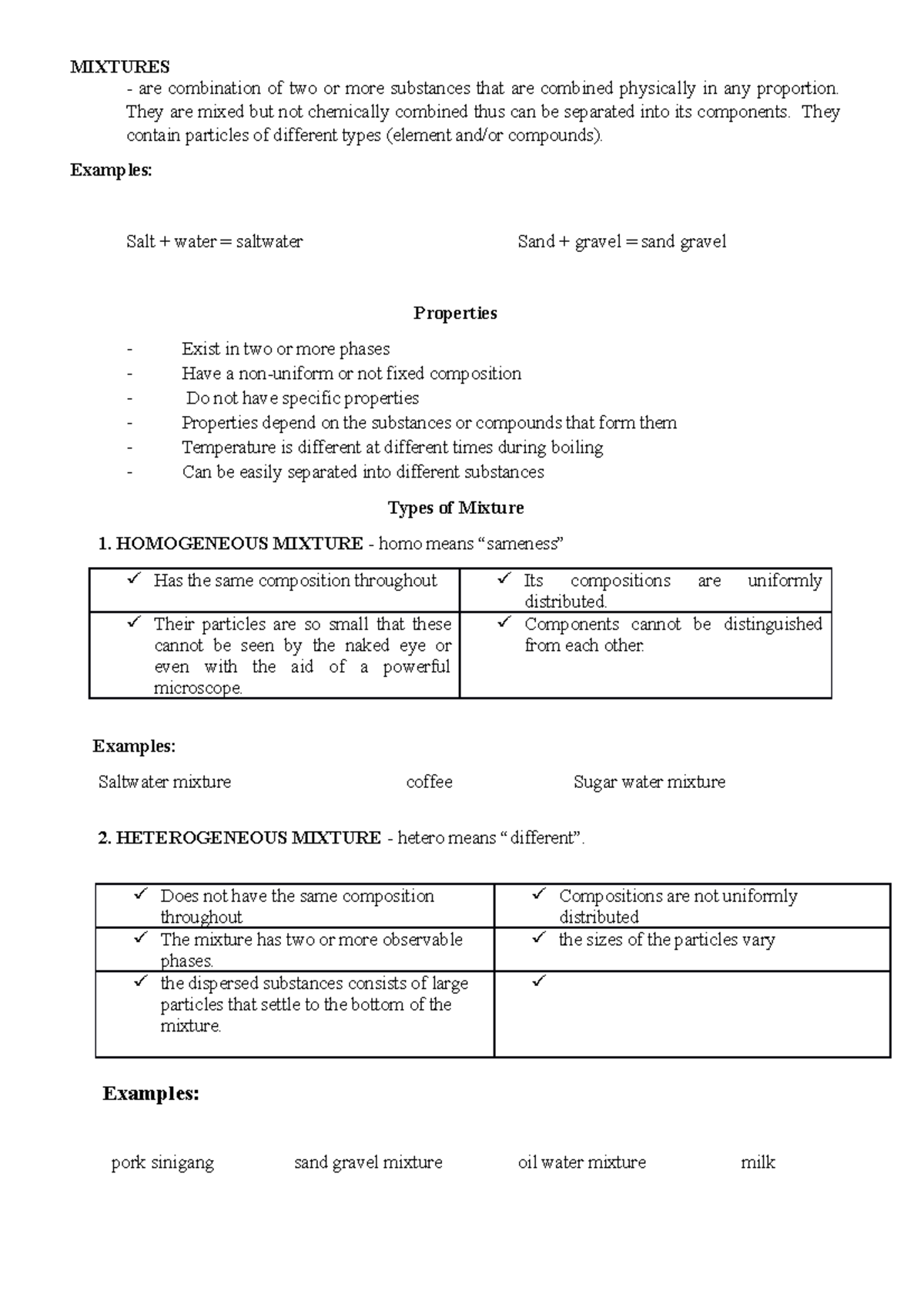 Mixtures - these are some of the notes - MIXTURES are combination of ...