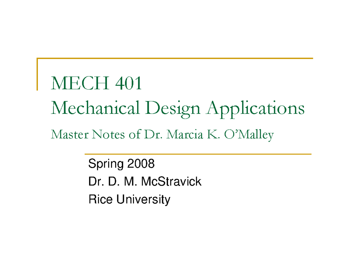 '08 DMc SLecture notes - Chapter 1-20-2 - MECH 401 Mechanical Design ...