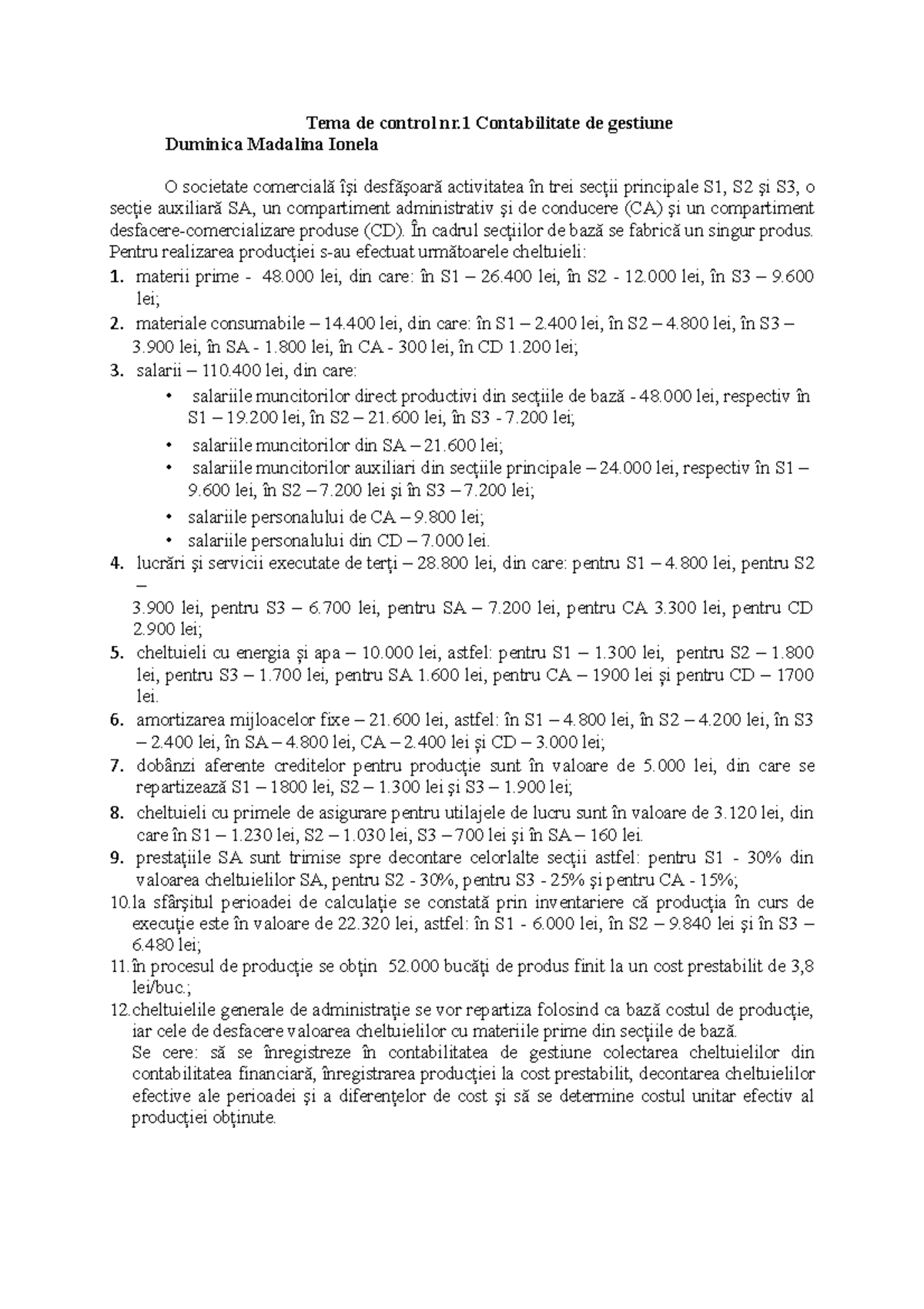Tema de control+nr 1 Contabilitate de gestiune - Tema de control nr ...