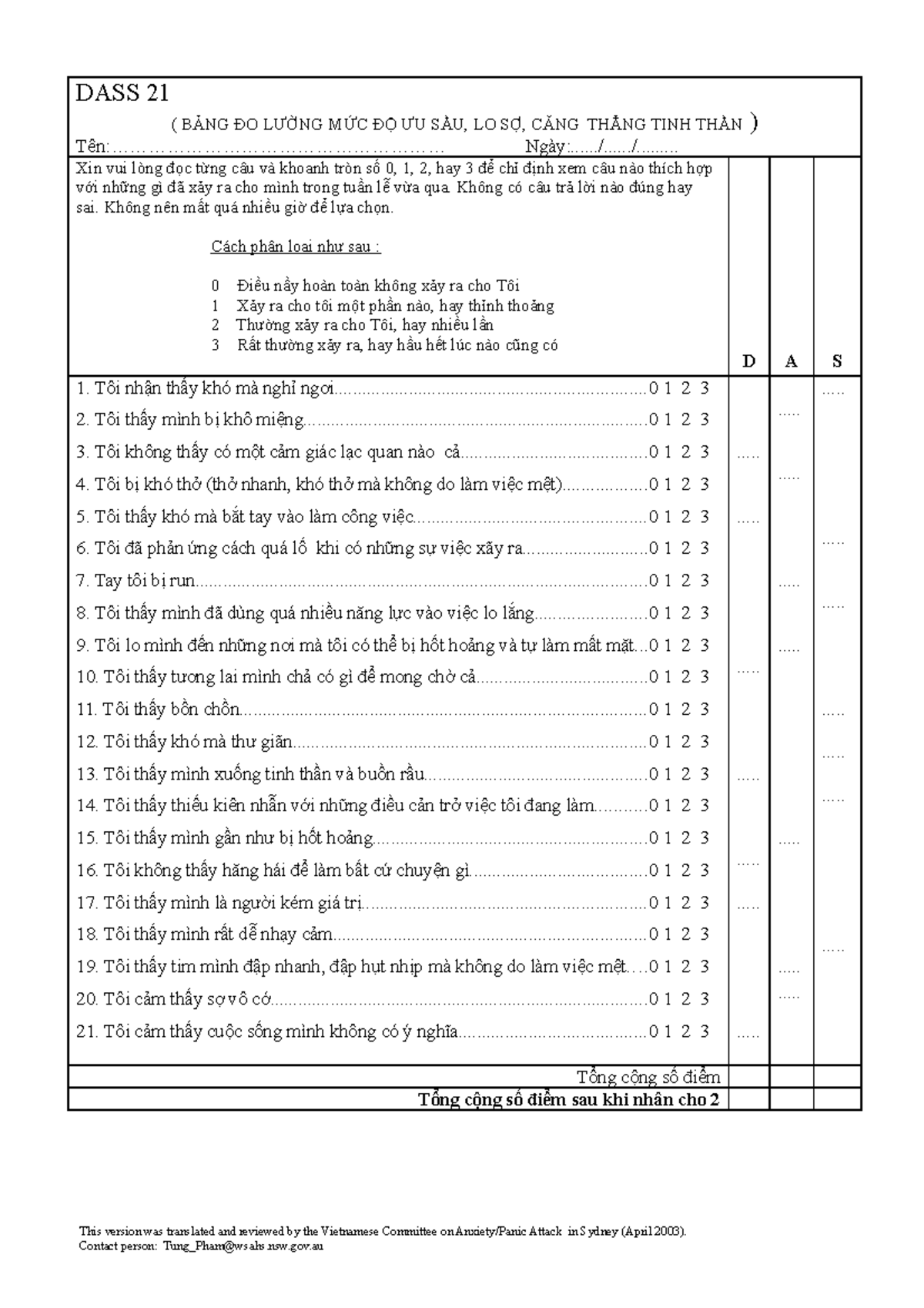 DASS21 Vietnamese Pham - DASS 21 ( BẢNG ĐO LƯỜNG MỨC ĐỘ ƯU SẦU, LO SỢ, CĂNG THẲNG TINH THẦN ...