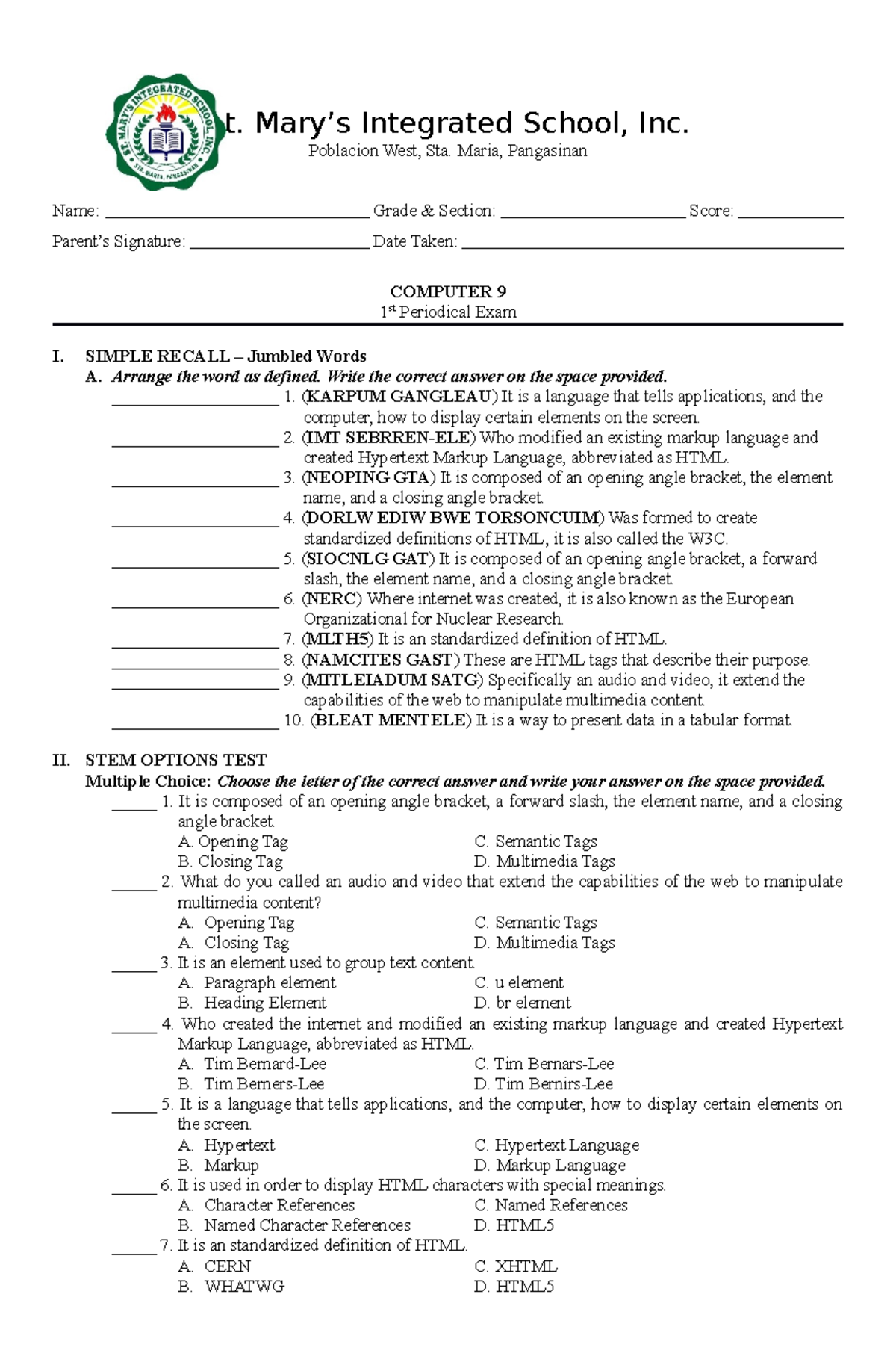 1st Periodical Exam in Computer 9 - St. Mary’s Integrated School, Inc ...