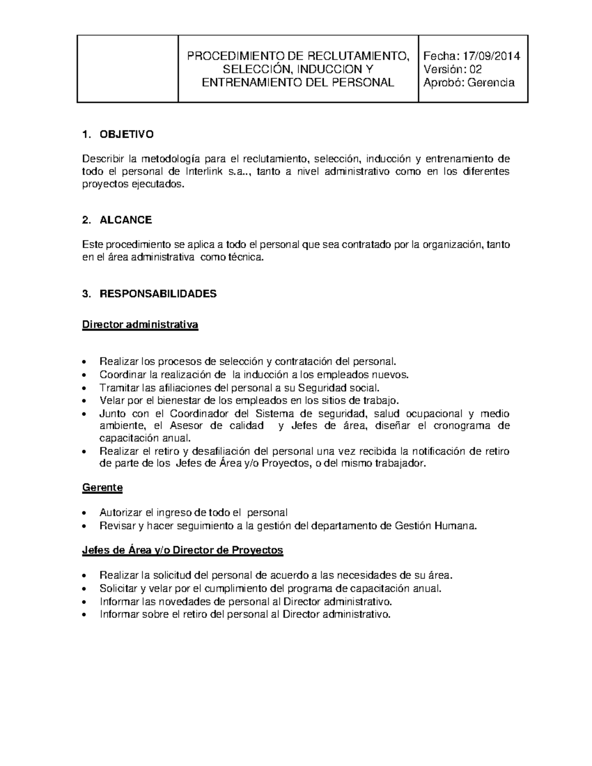 Procedimiento DE Reclutamiento, Selección, Induccion Y Entrenamiento DEL Personal ...