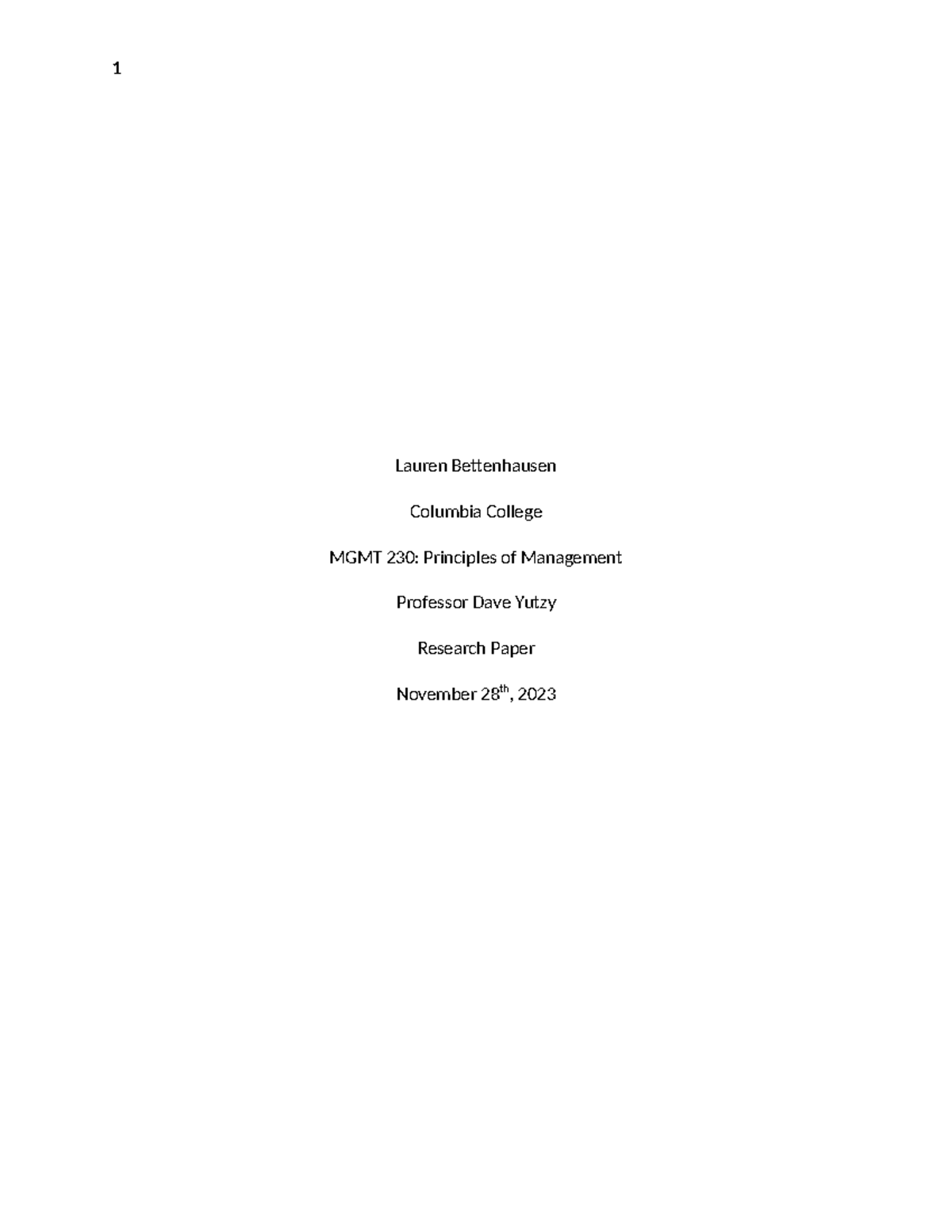 MGMT 230- Principles of Management Research Paper (1) - Lauren ...