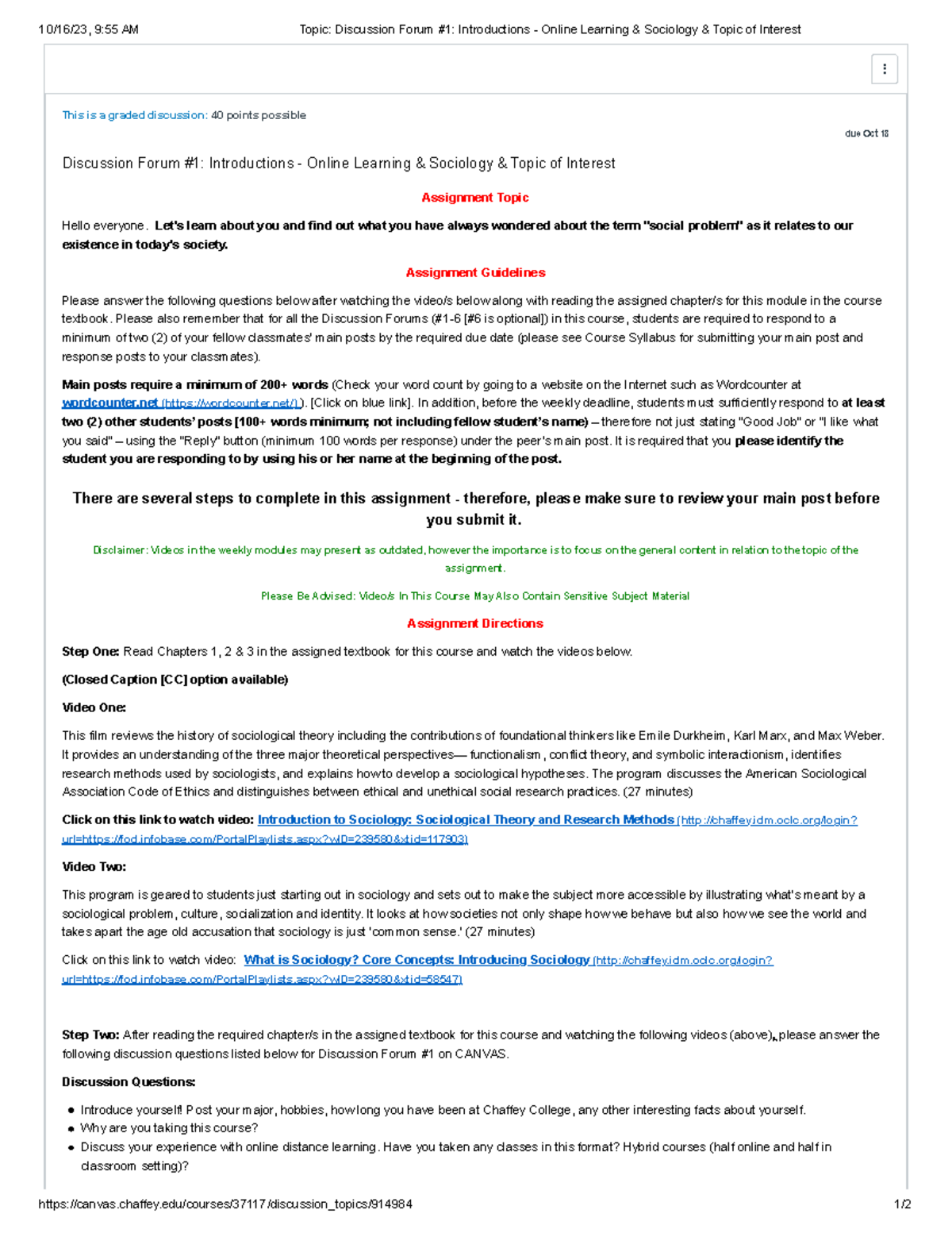 Topic Discussion Forum #1 Introductions - Online Learning & Sociology ...