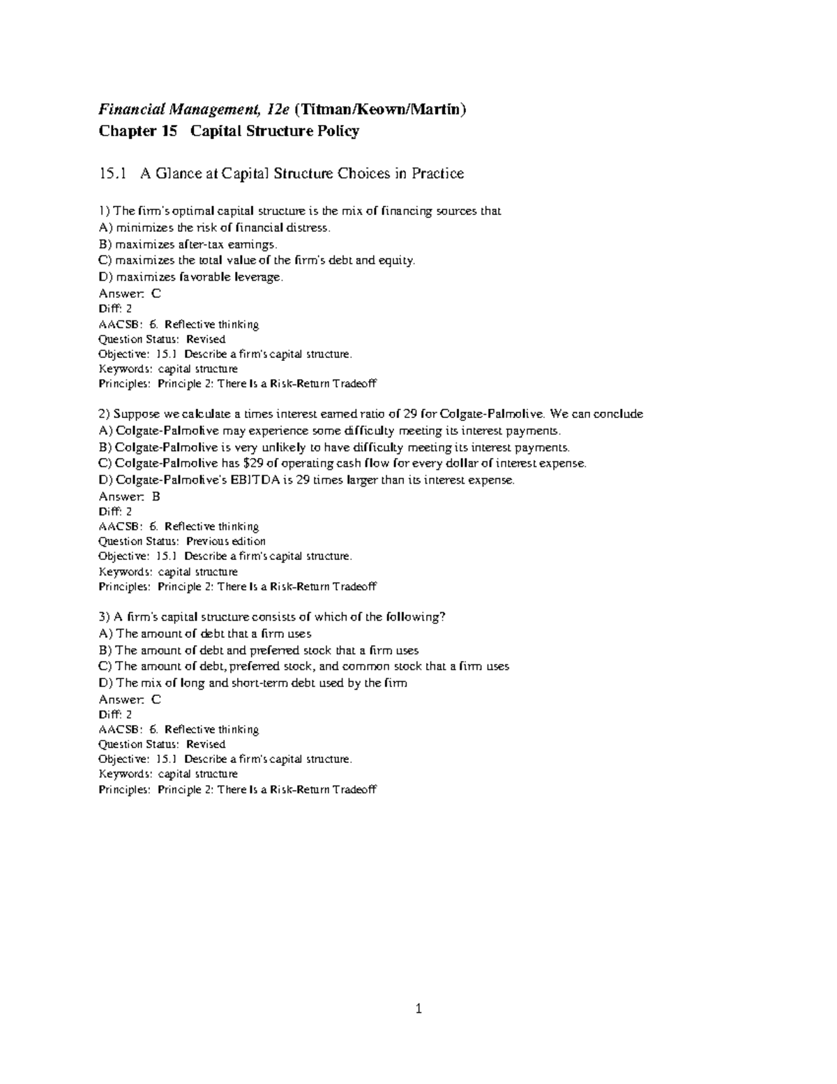Chapter 15 1 - Answer key - Financial Management, 12e (Titman/Keown ...