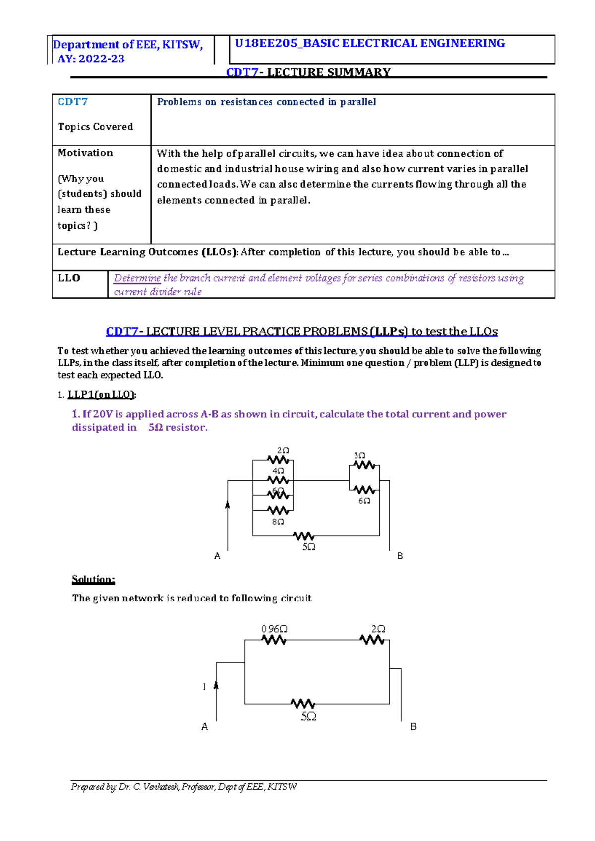BEE CDT7 Summary 2022-23 - Department of EEE, KITSW, AY: 2022- CDT7- LECTURE SUMMARY CDT Topics ...
