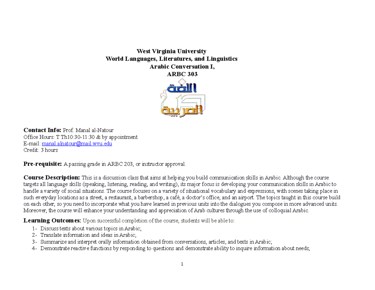ARBC 303 syllabus, Spring 2023 - West Virginia University World Languages, Literatures, and ...