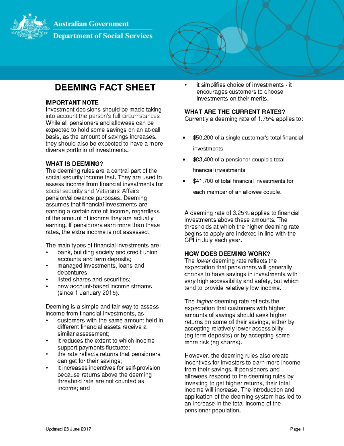 Social security deeming factsheet - DEEMING FACT SHEET IMPORTANT NOTE ...