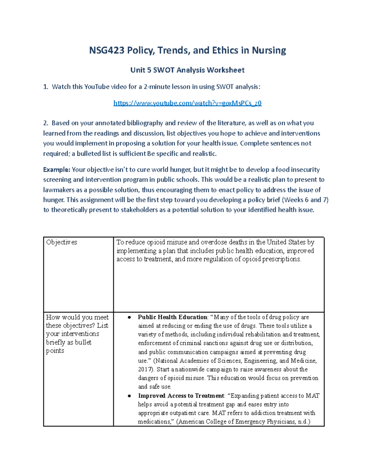 NSG423 Unit 5 SWOT worksheet - NSG423 Policy, Trends, and Ethics in ...