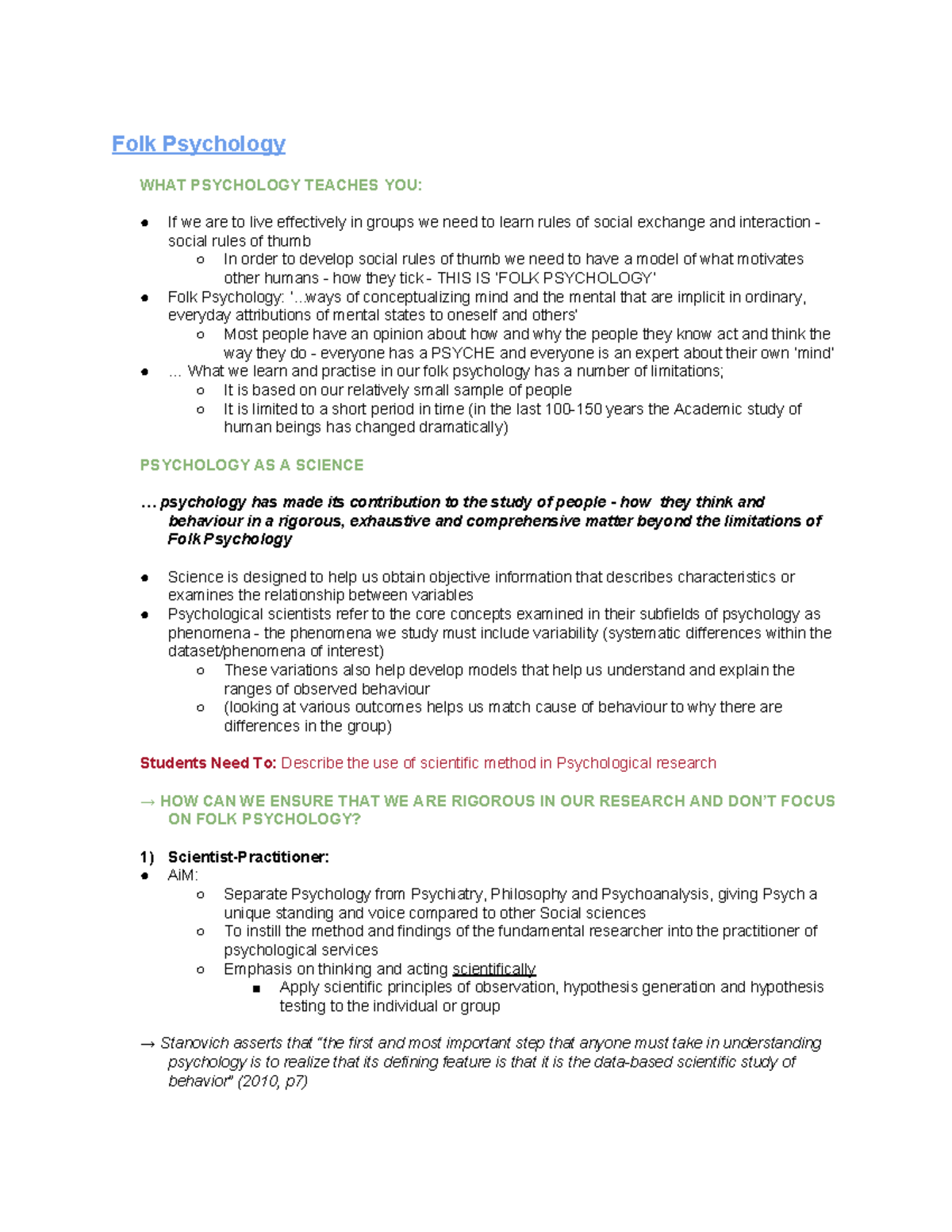 Research Design Lecture Notes - Folk Psychology WHAT PSYCHOLOGY TEACHES ...