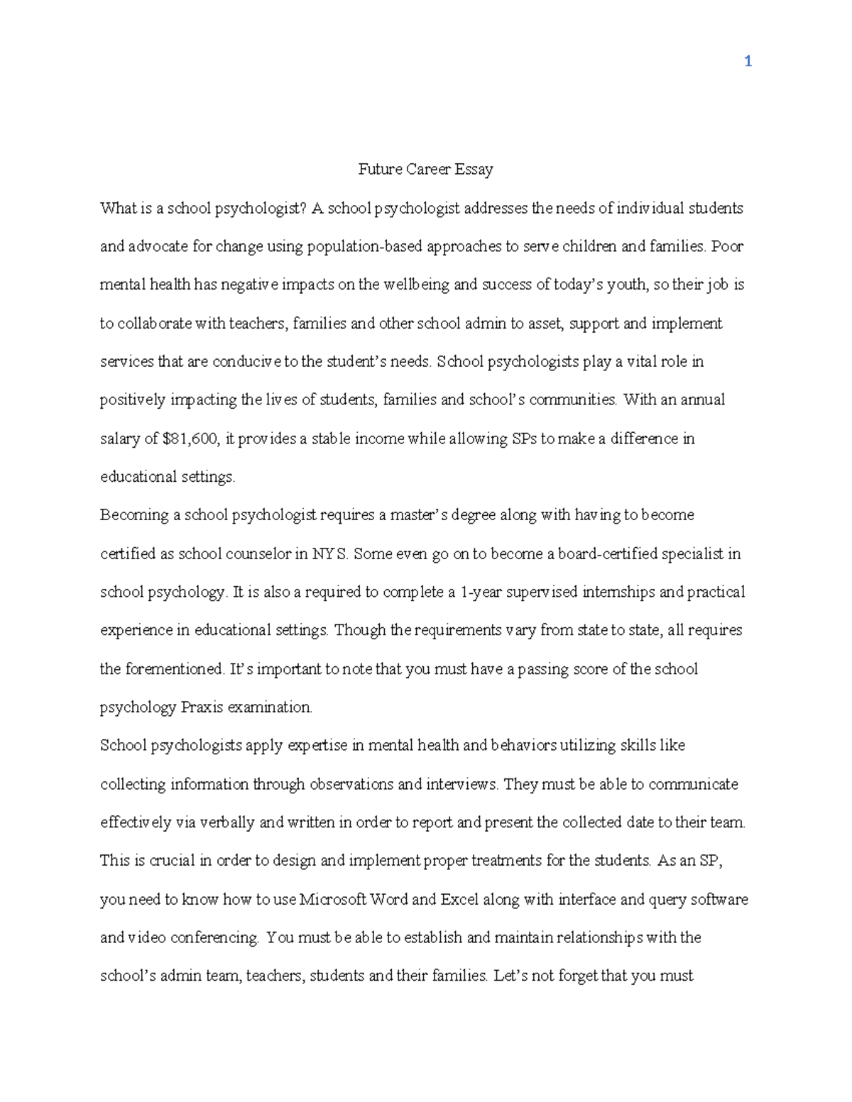Future Career Essay - Future Career Essay What is a school psychologist ...