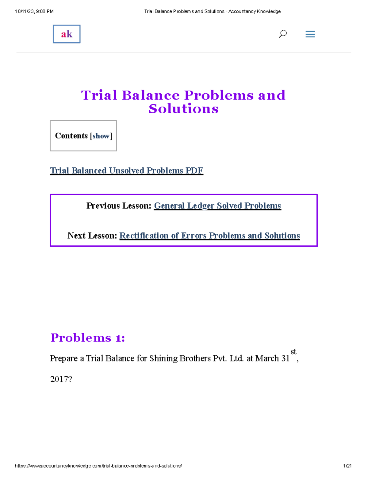 Trial Balance Problems and Solutions - Accountancy Knowledge - Trial ...