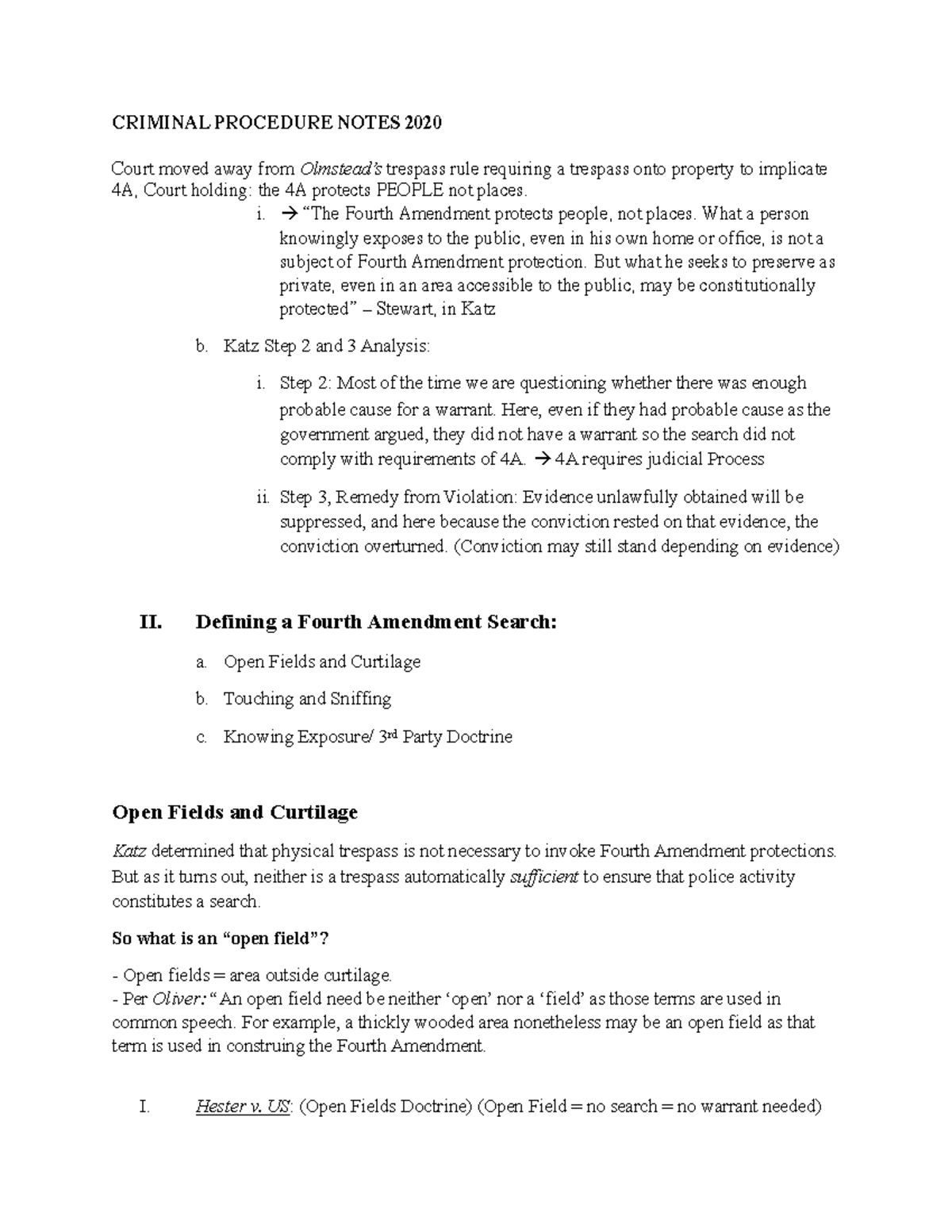Open Fields and Curtilage Notes; Katz Case - CRIMINAL PROCEDURE NOTES ...