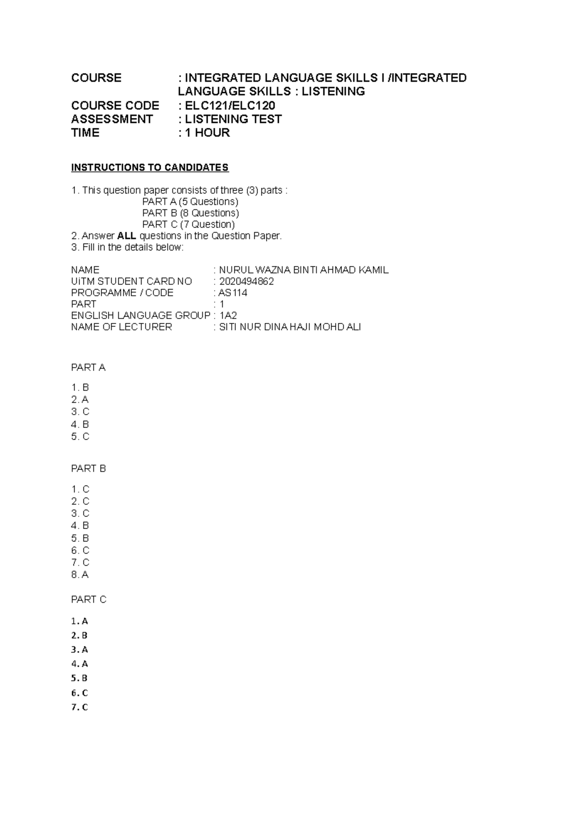 Listening TEST Answer Booklet - COURSE : INTEGRATED LANGUAGE SKILLS I ...