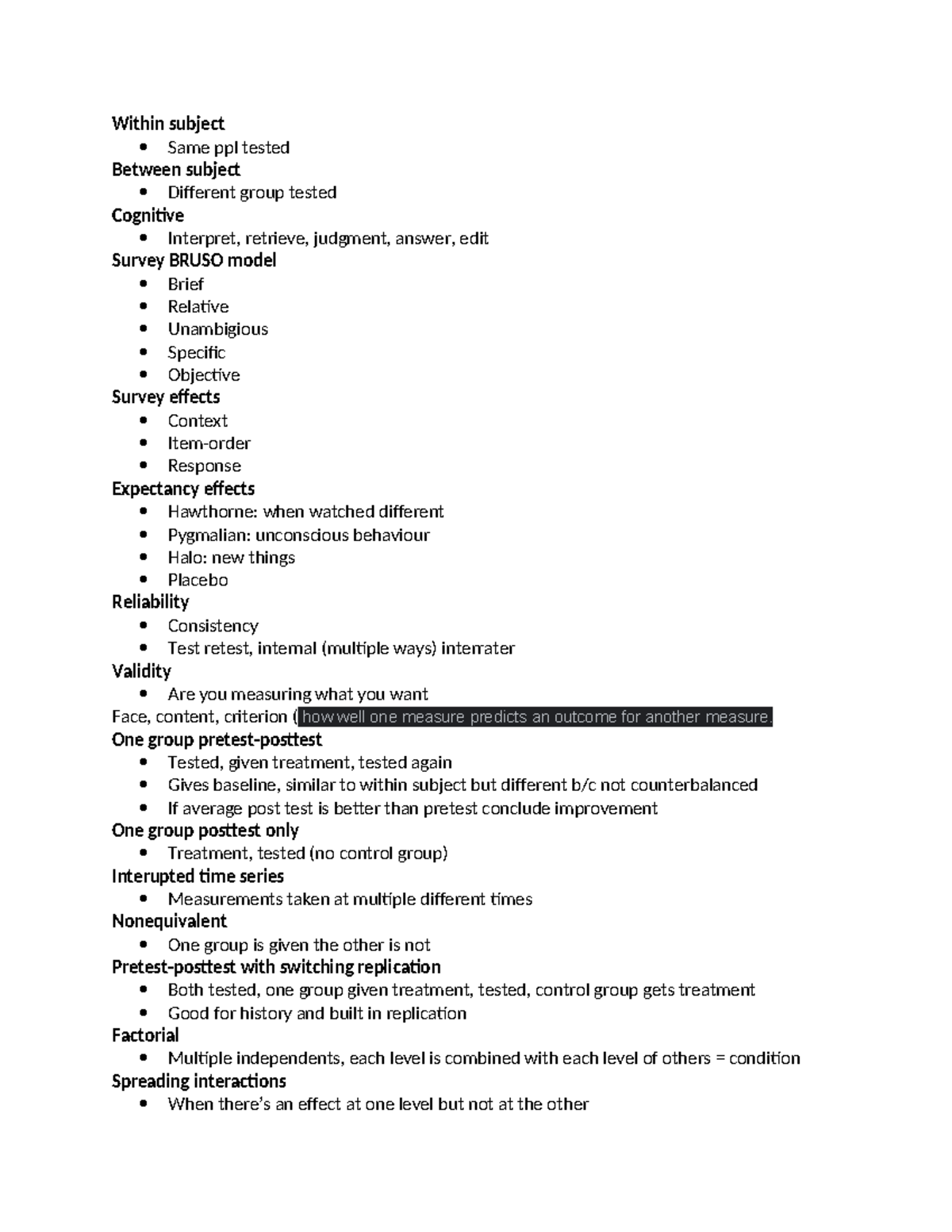 2801 final main notes - Within subject Same ppl tested Between subject ...