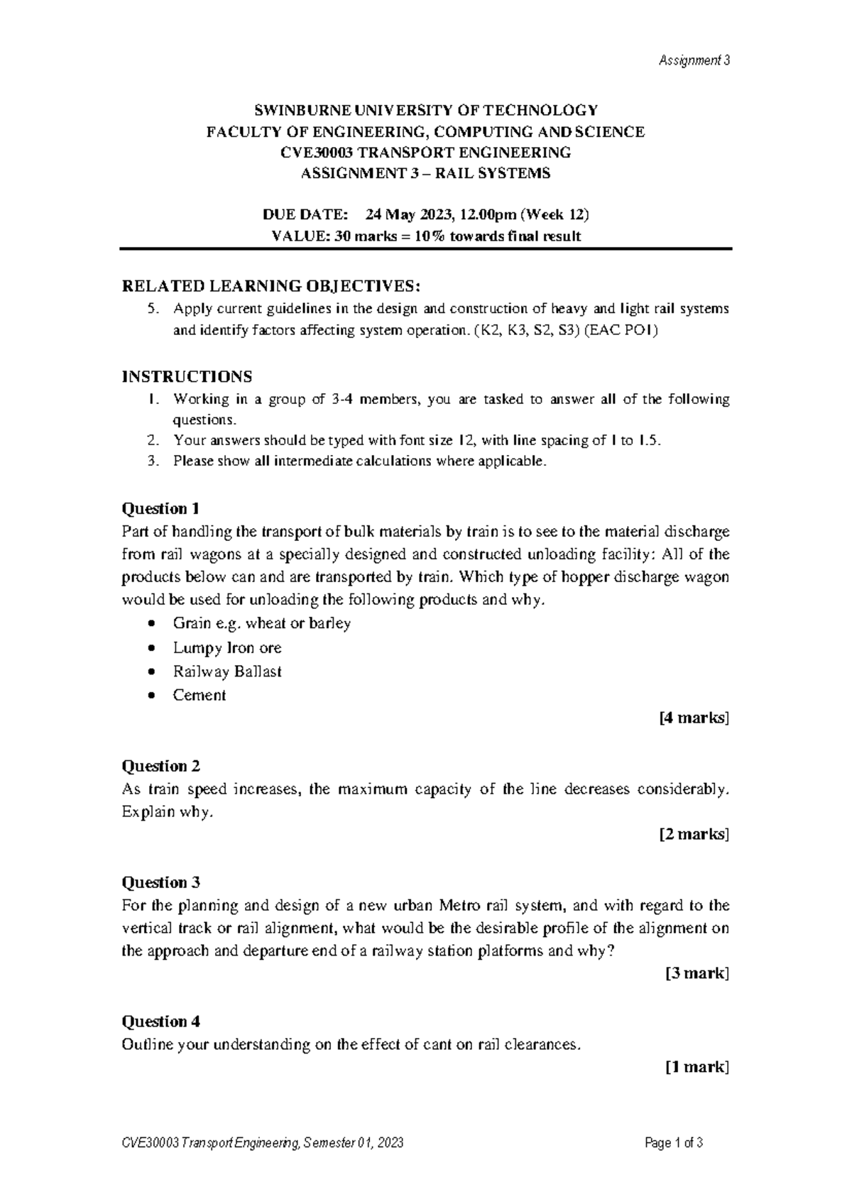 CVE30003 - Assignment 3 - 2023 - Assignment 3 CVE30003 Transport Engineering, Semester 0 1 , 20 ...