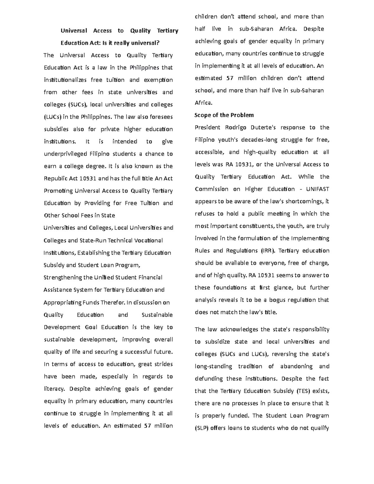 Universal Access to Quality Tertiary - Universal Access to Quality ...