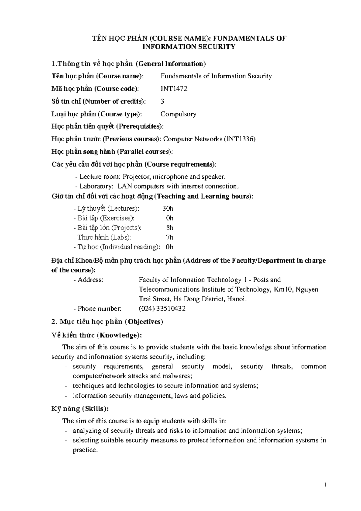 IS - Fundamentals of Information Security-CLC-Dau HX - TÊN HỌC PHẦN ...