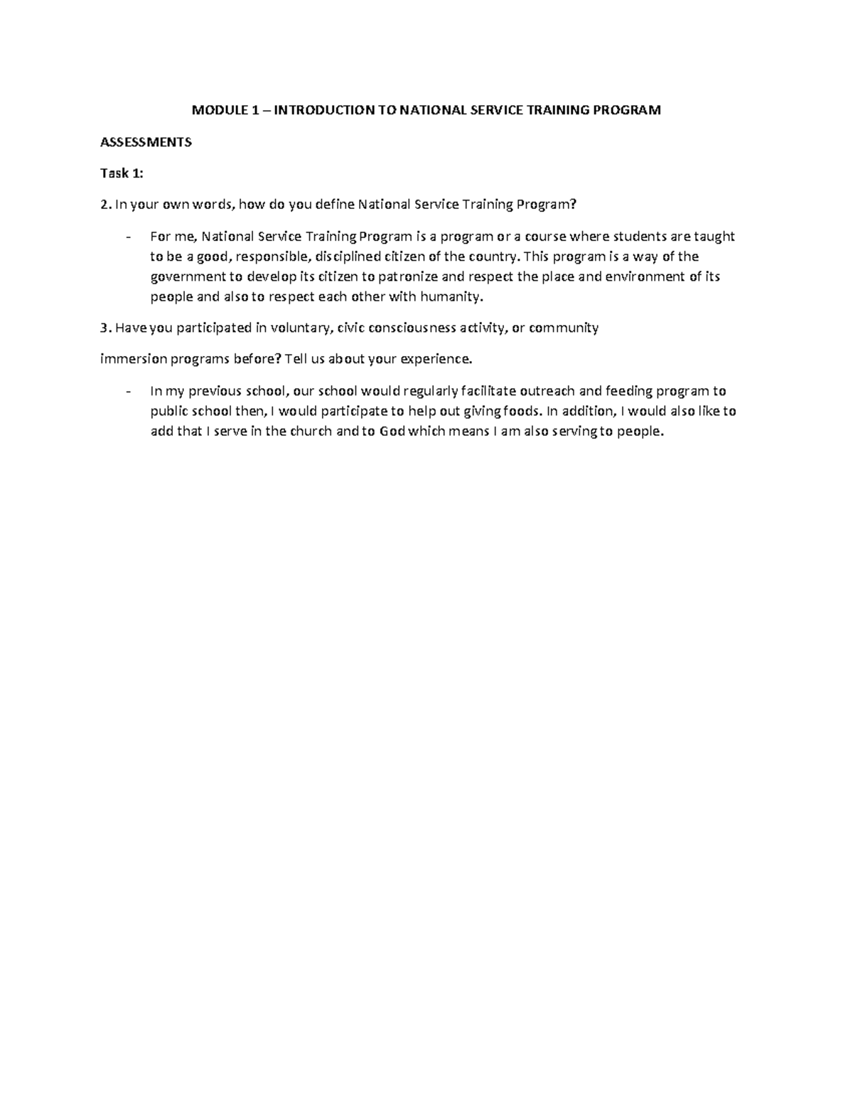 Module 1 - MODULE 1 – INTRODUCTION TO NATIONAL SERVICE TRAINING PROGRAM ...