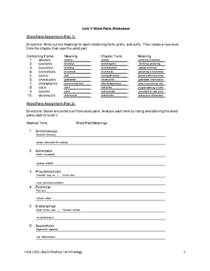Unit 1 - A worksheet for unit 1 - HCA 1301, Basic Medical Terminology ...