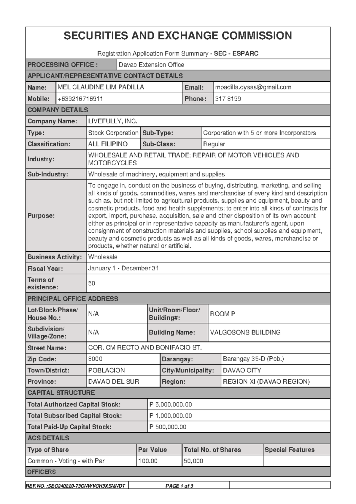 Application Summary Form - REF. :SEC240220-73CNWVCH3XSMNDT PAGE 1 of 3 ...