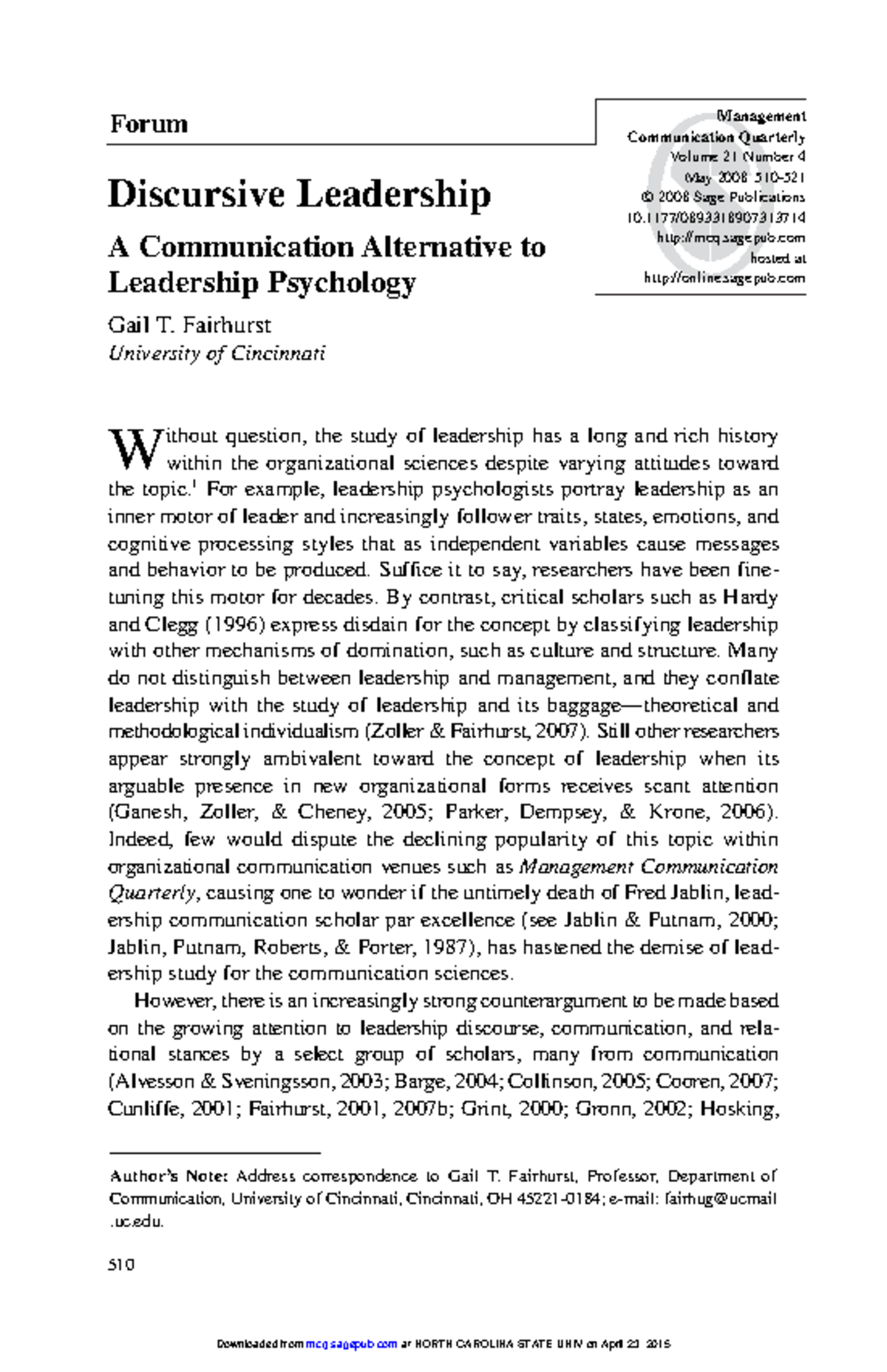 Discursive Leadership A Communication Alternative to Leadership ...