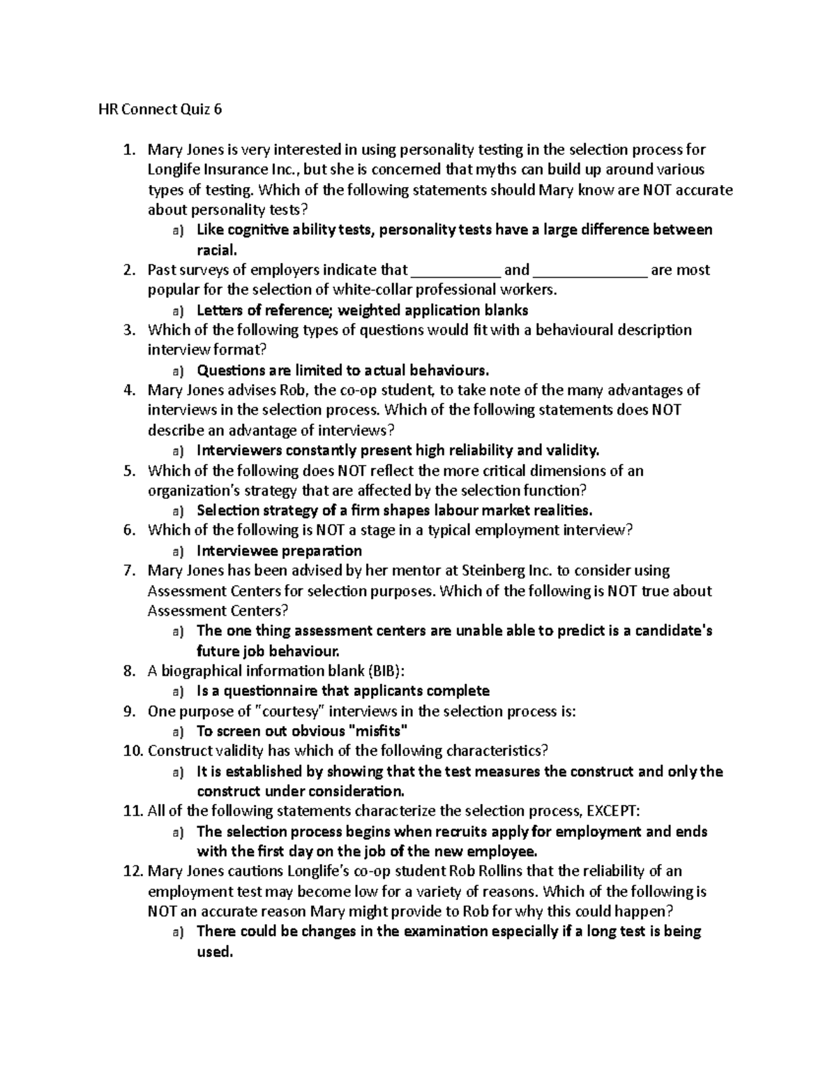 HR Connect Quiz 6: Personality Tests Selection Process and Myths - Studocu