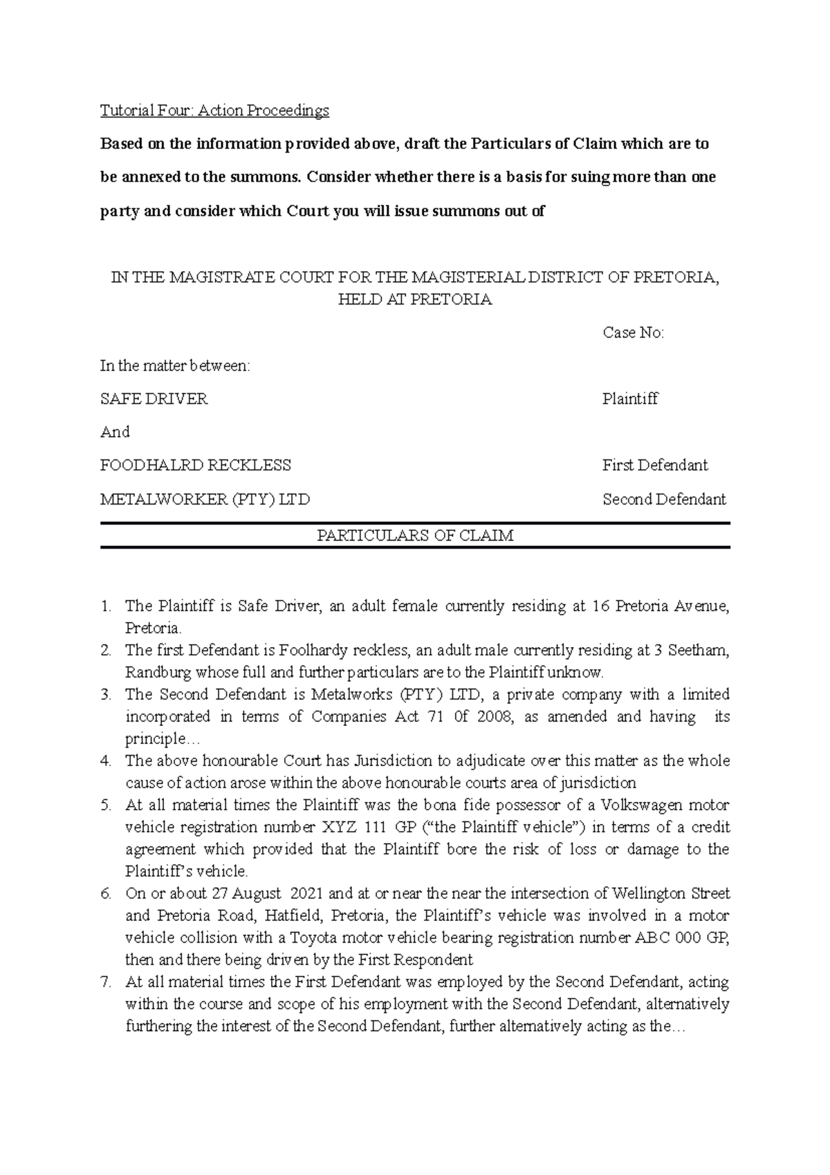 1055398.Wendy.Ngwenya - Tutorial Four: Action Proceedings Based on the ...